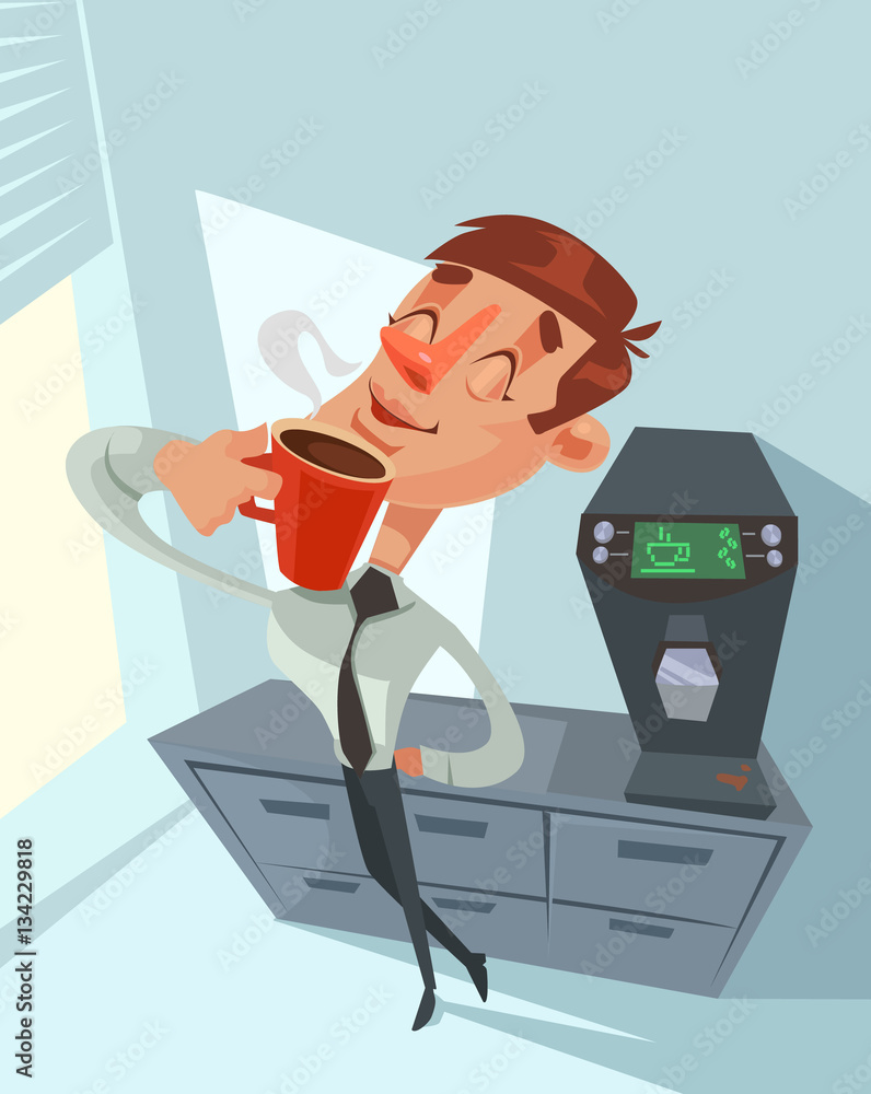Coffee break. Happy office worker. Vector flat cartoon illustration ...
