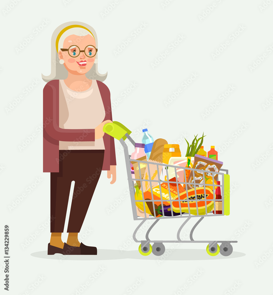 Old woman character with shopping food cart. Vector flat cartoon ...