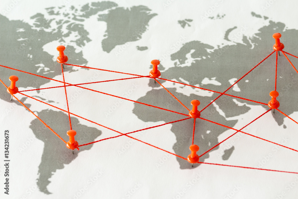 Map of the world connected by thumbtacks Stock Photo | Adobe Stock