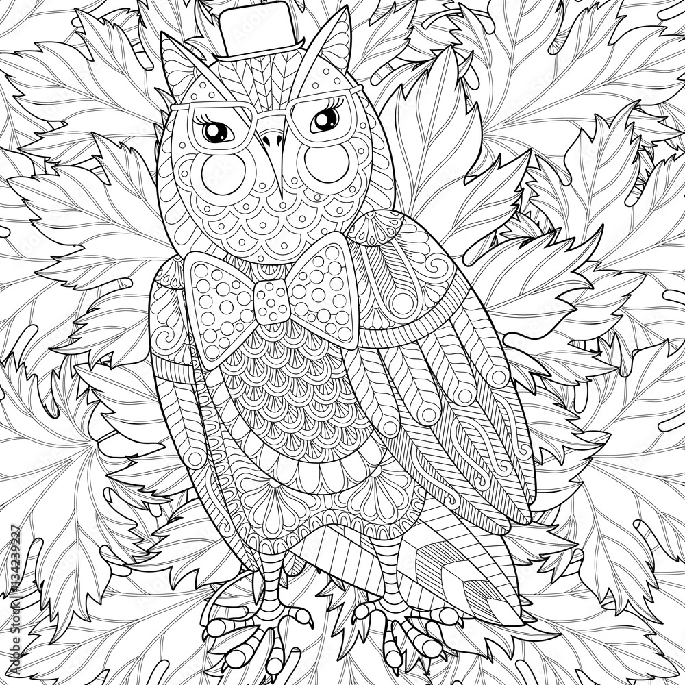 Zentangle Owl painting for adult anti stress coloring page, colo Stock ...