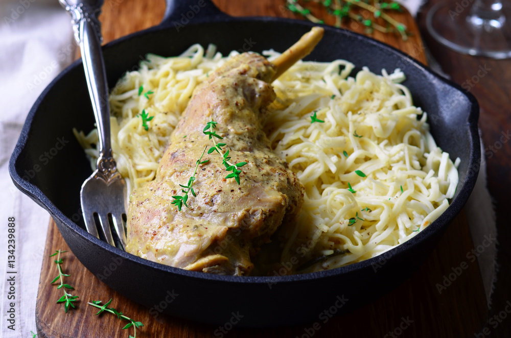 Braised Rabbit Leg in Creamy Mustard Sauce with Homemade Noodles Stock ...