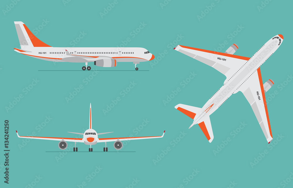 Airplane on blue background. Airliner in top, side, front view. Flat ...
