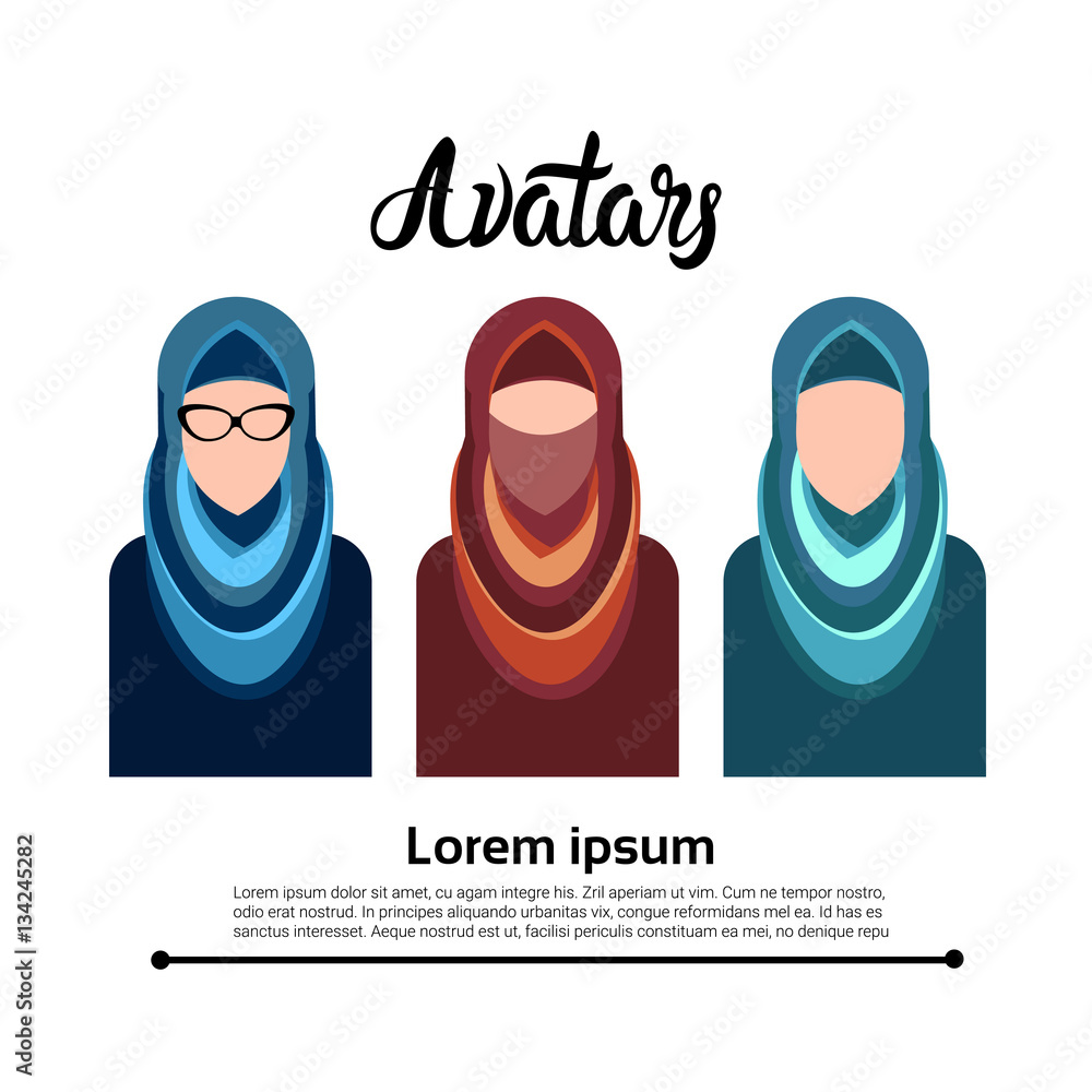 Arab People Group, Muslim Arabic Woman Profile Icon Set Social Network ...