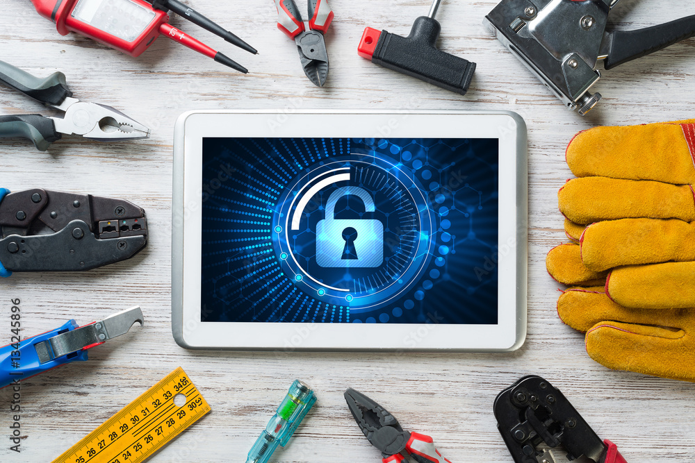 Web security and technology concept with tablet pc on wooden table ...