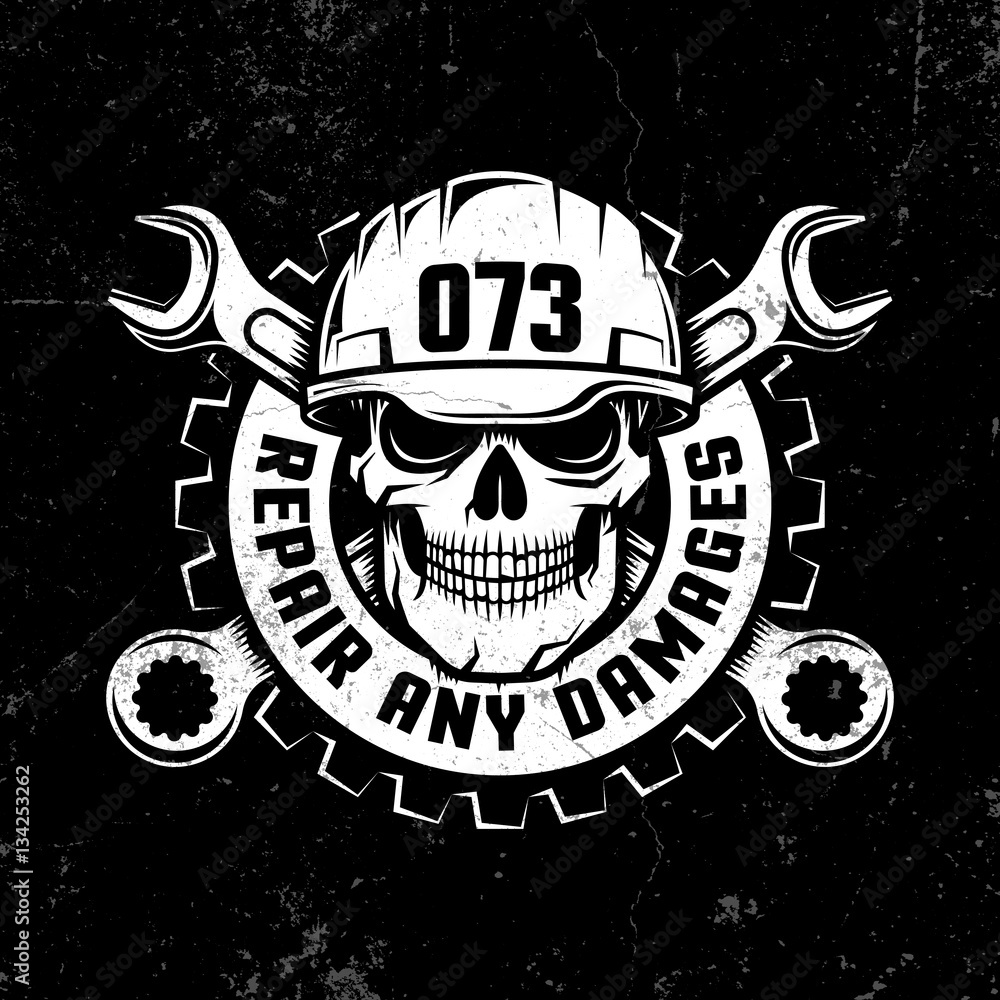 Vecteur Stock Repair workshop logo on dark background - skull in a hard ...