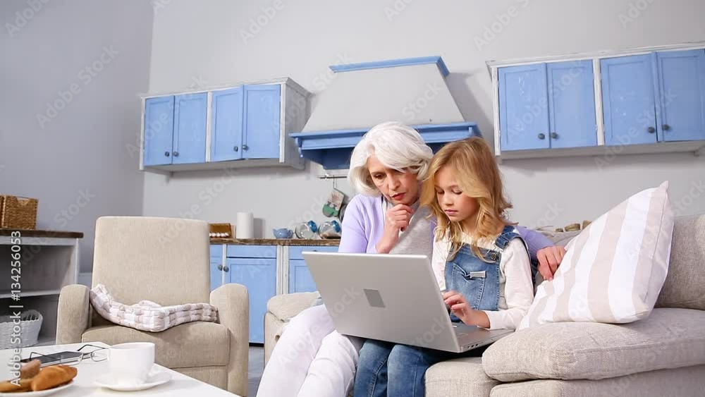 Granny and little girl using laptop computer at home all together ...