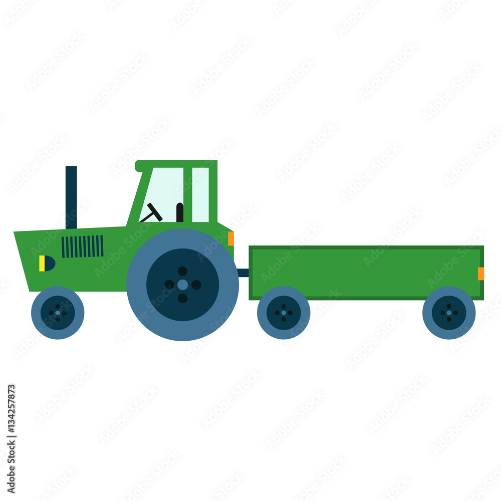 Vector illustration of a toy green tractor with cargo on a white ...
