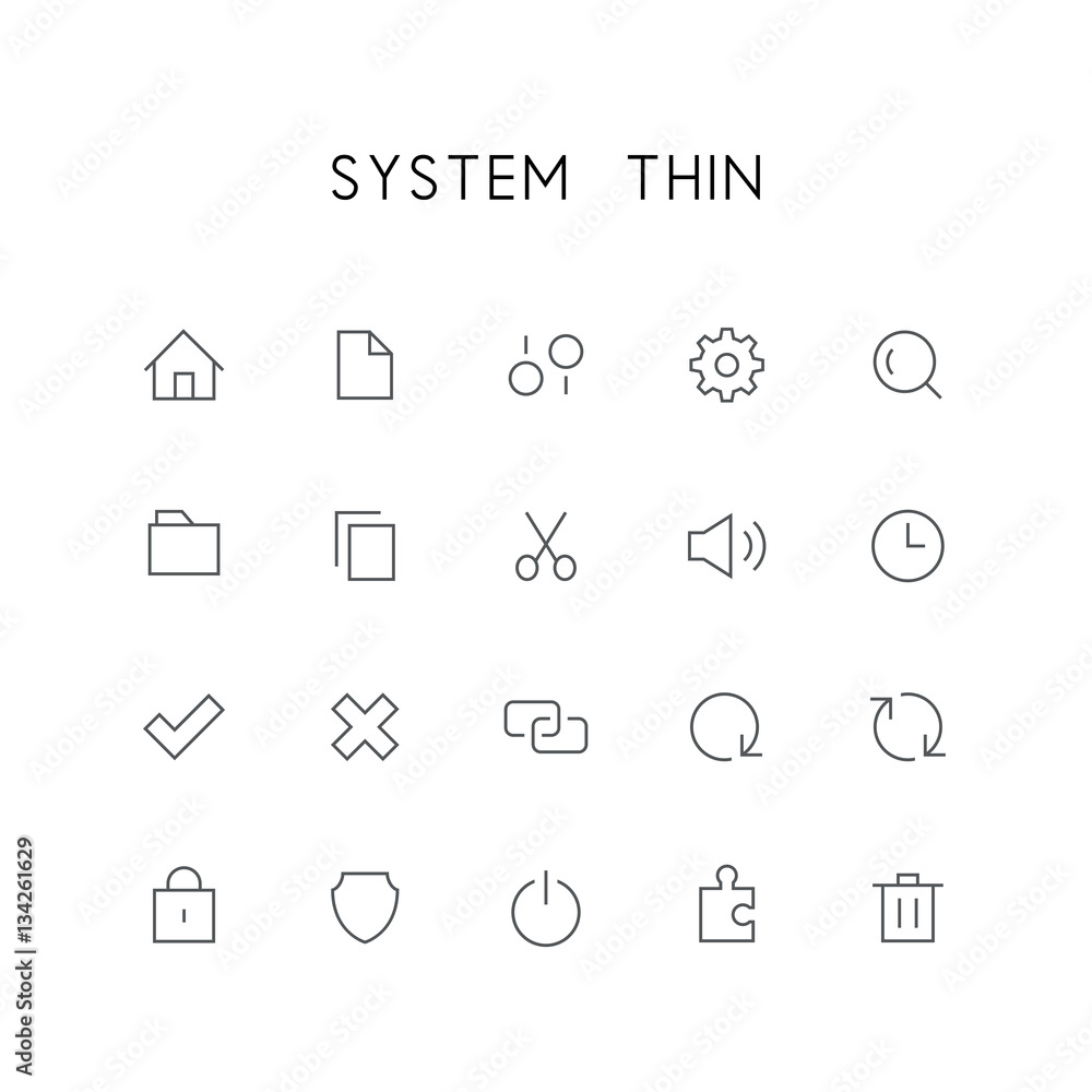 System thin icon set - home, file, settings, gear, search, folder, copy ...