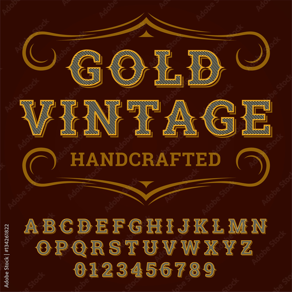 Gold Vintage Font. Old style - vintage script font. Vector typeface for ...