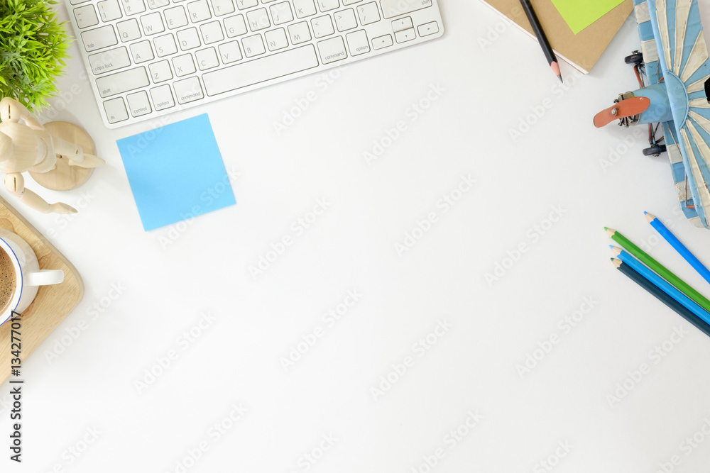 Hero header Concept. Office desk table with computer, supplies, Top ...