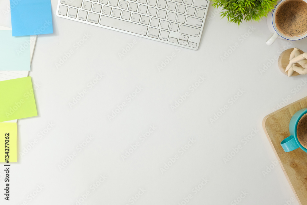 Hero header Concept. Office desk table with computer, supplies, Top ...