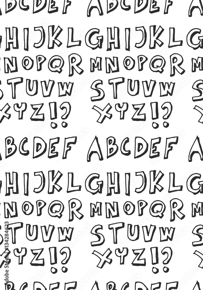 Hand drawn doodle letters and decorative elements seamless pattern ...