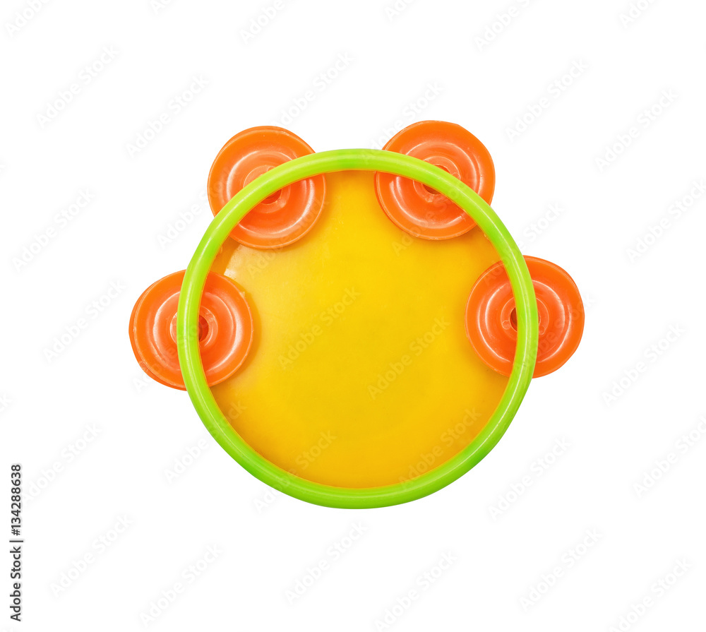 Plastic bright toy tambourine, for the newborn isolated on white Stock ...