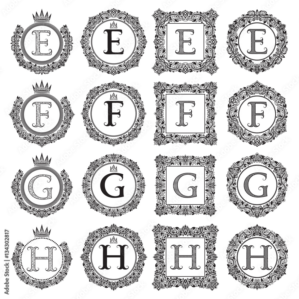 Vintage monograms set of E, F, G, H letter. Heraldic coats of arms in wreaths, round and square ...