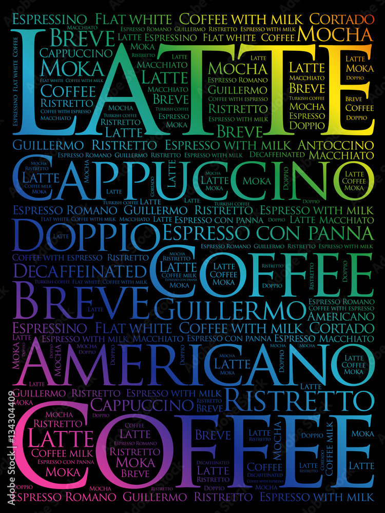 List of coffee drinks words cloud, poster background Stock Vector ...