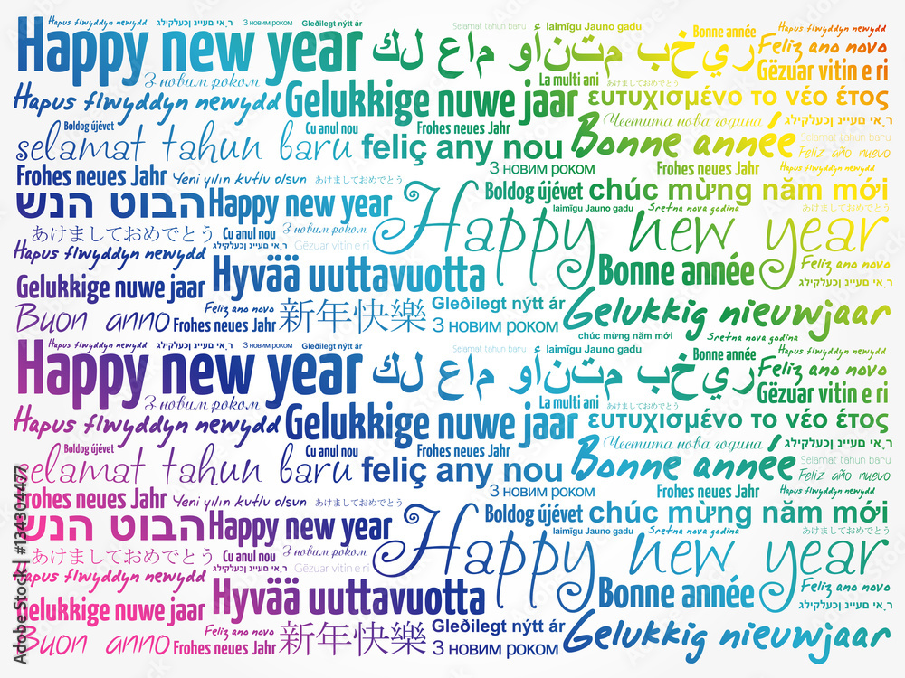 Happy New Year in different languages, celebration word cloud greeting ...