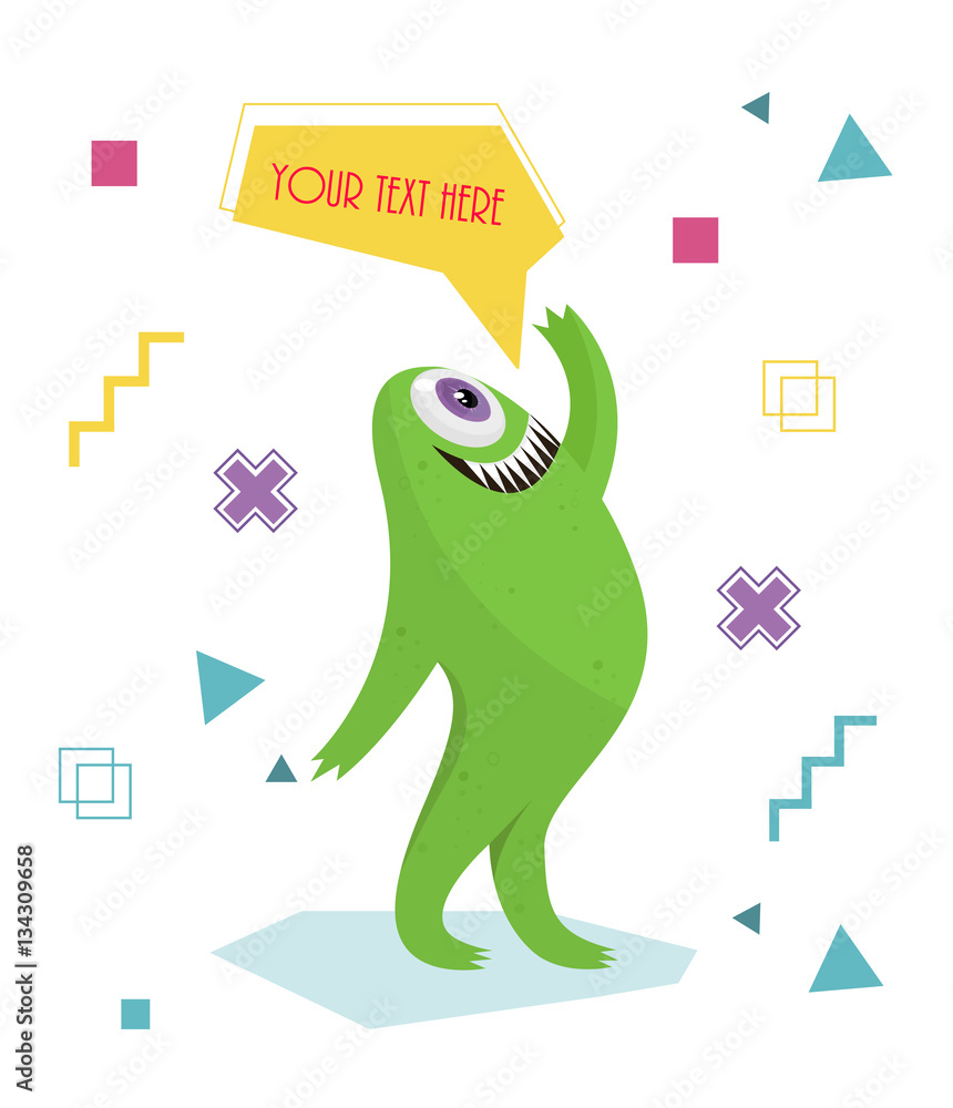 Funny monster waving his hand. Geometric colorful background. Cartoon ...
