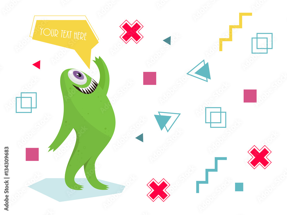 Funny monster waving his hand. Geometric colorful background. Cartoon ...