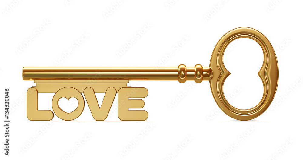 Gold key love isolated on white background. 3d render illustrat Stock ...