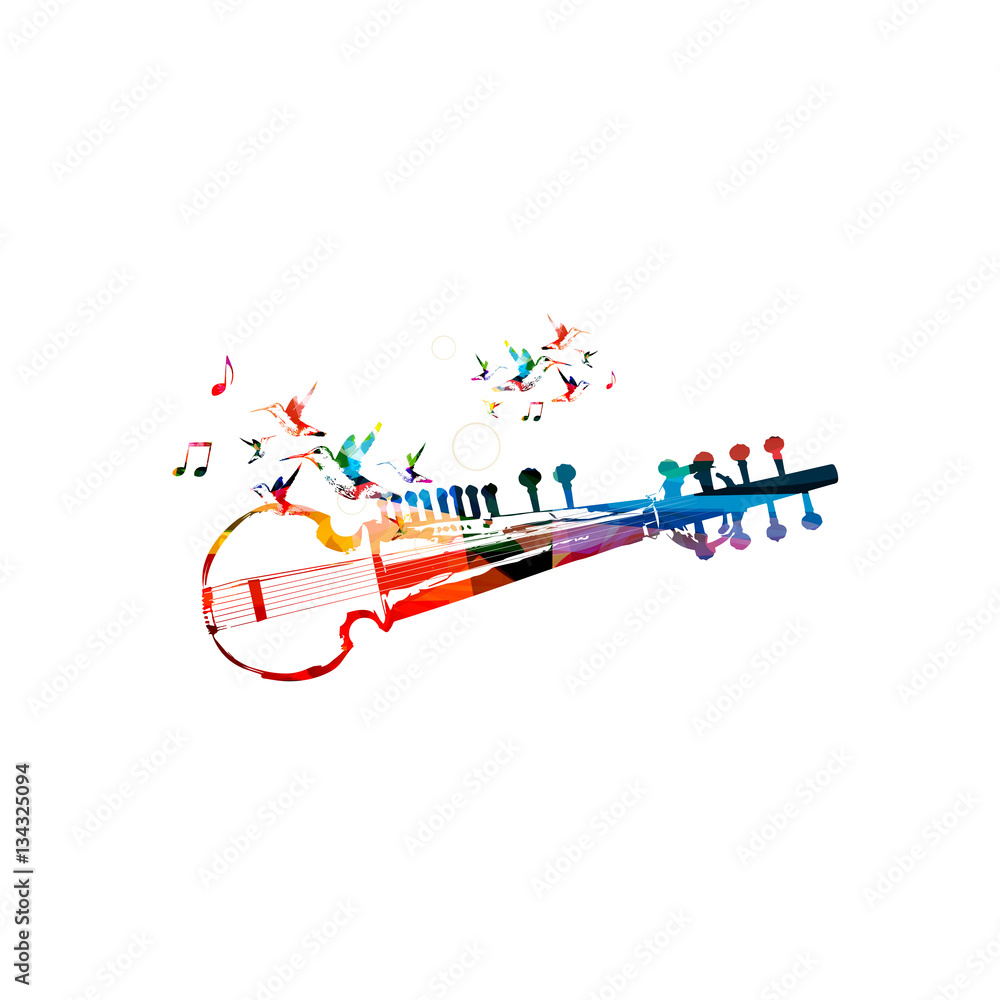 Colorful indian sarod with music notes and hummingbirds isolated. Music ...
