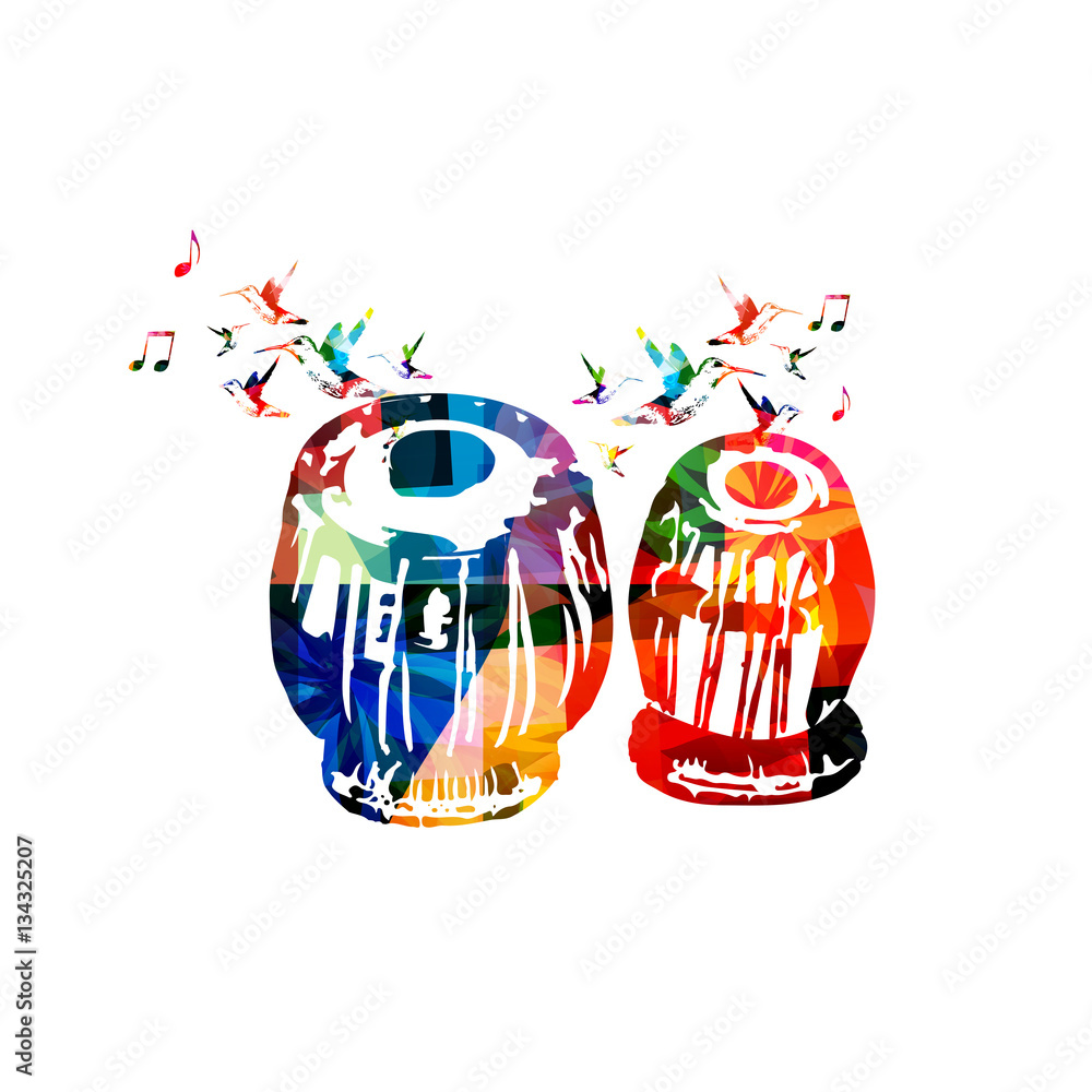 Colorful indian tabla with music notes and hummingbirds isolated. Music ...
