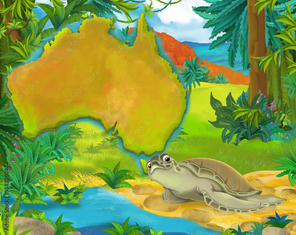 Cartoon turtle with continent map - illustration for children Stock ...