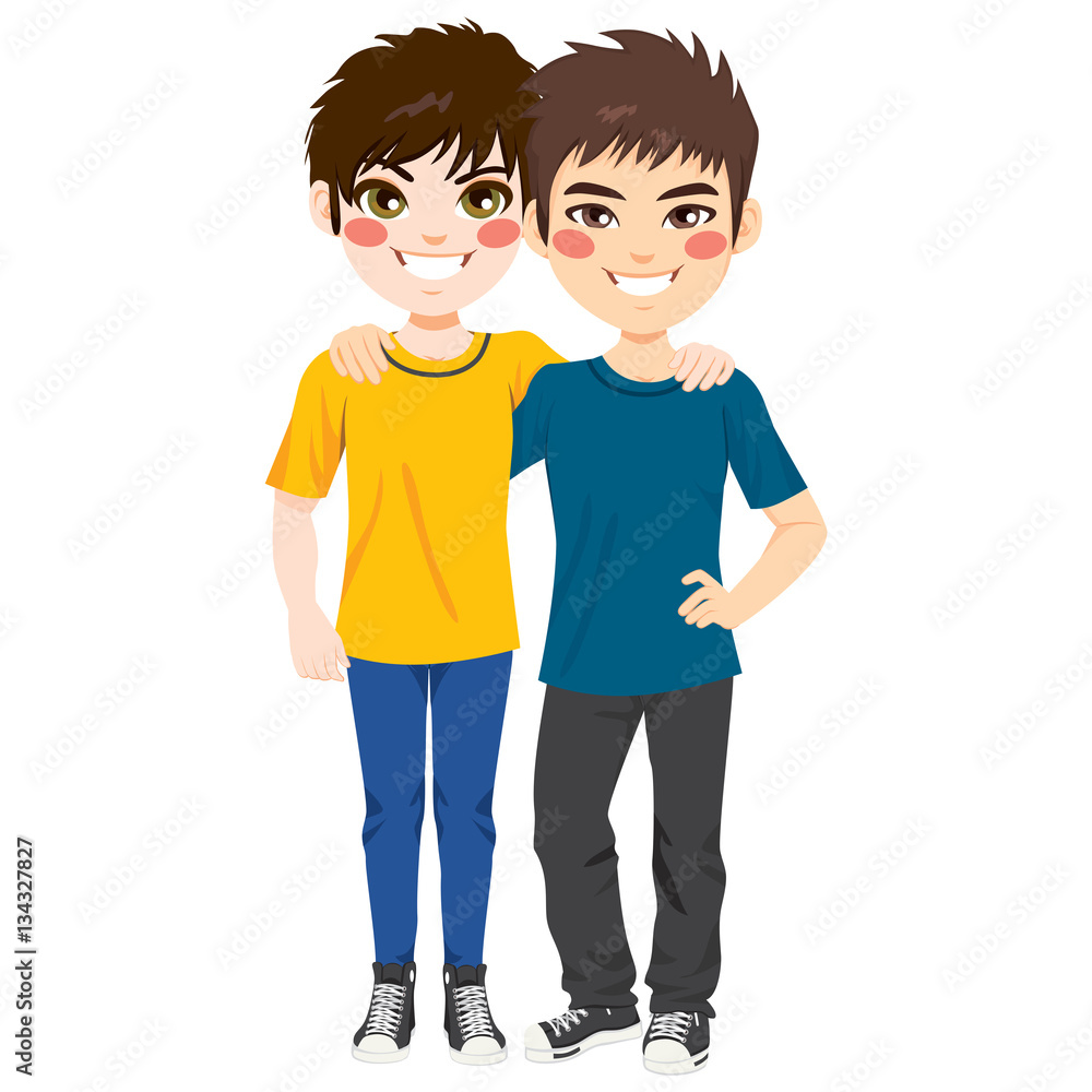 Two young happy teenager best friends boys standing isolated on white ...