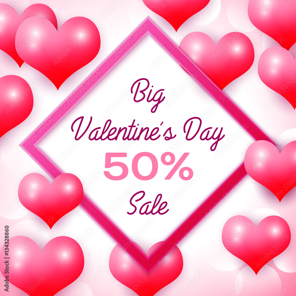 Big Valentines day Sale 50 percent discounts with pink square frame ...