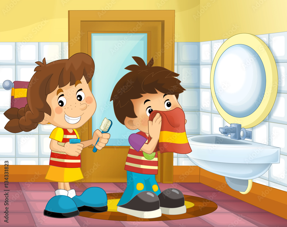 Cartoon kids in the bathroom - boy and girl - wiping face with a towel ...