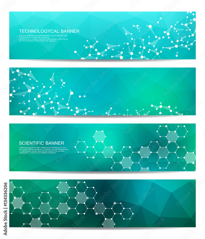 Set of modern scientific banners. Molecule structure DNA and neurons ...