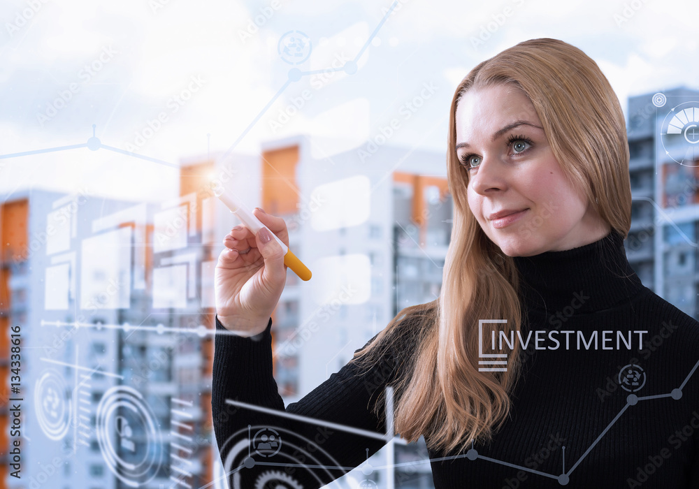Beautiful woman using virtual display controls Stock Photo | Adobe Stock