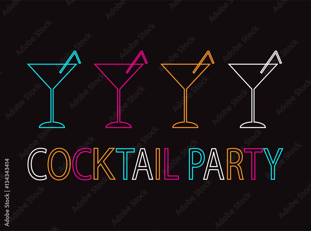 Summer Cocktail Party background with alcohol drinks in glasses neon ...