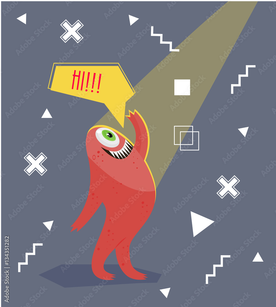 Funny monster waving his hand. Geometric colorful background. Cartoon ...
