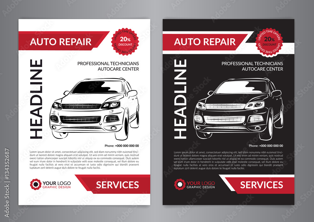 Set auto repair business layout templates, automobile magazine cover ...
