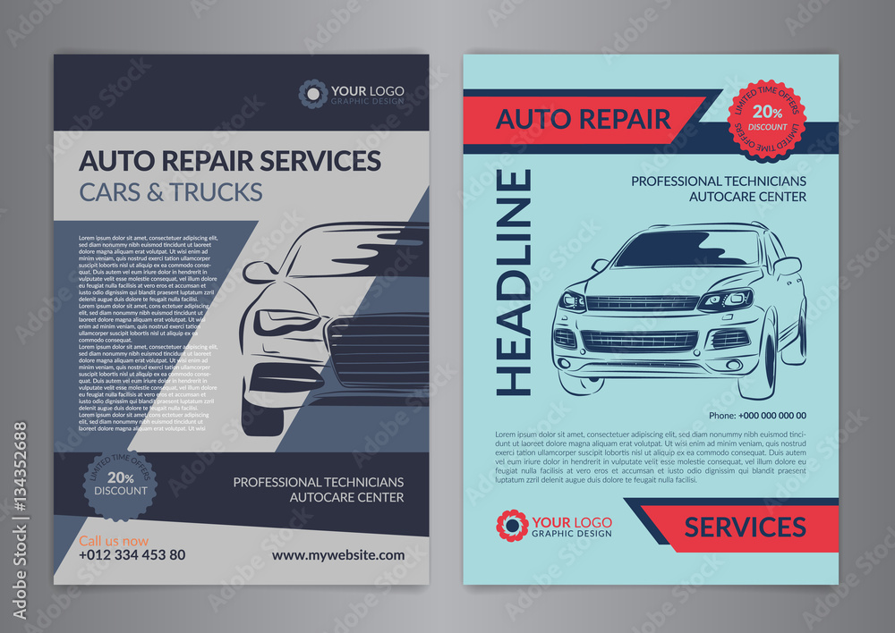 Set auto repair business layout templates, automobile magazine cover ...