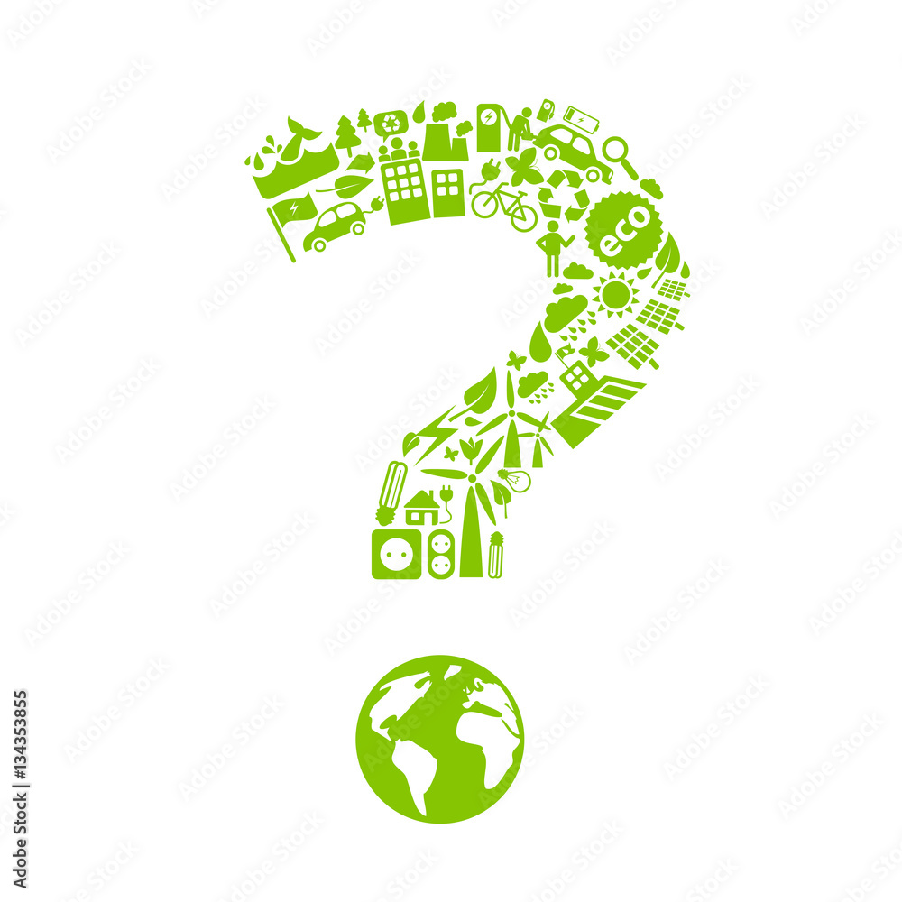 Question mark made of little ecology icons isolated on white background ...