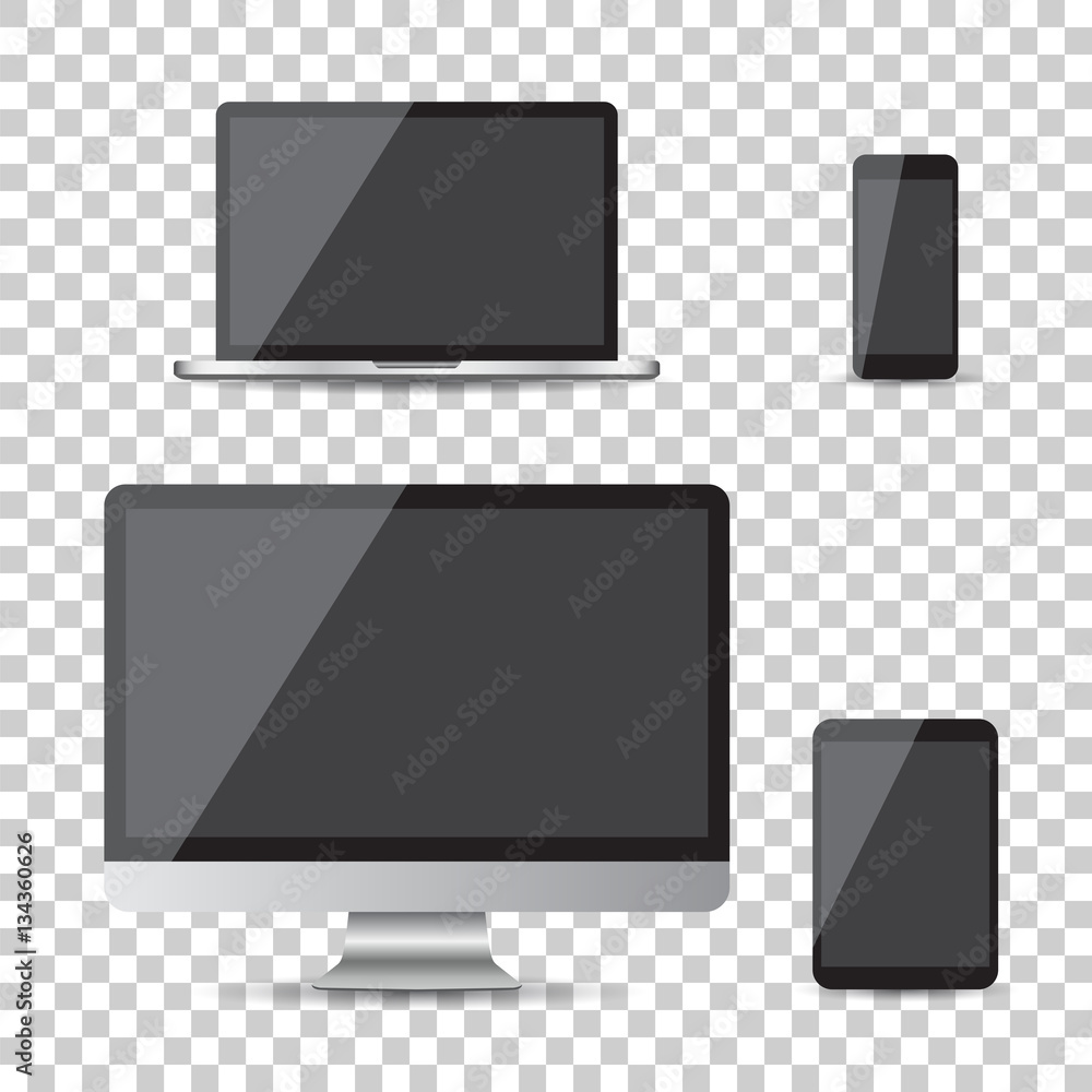 Realistic device flat Icons: smartphone, tablet, laptop and desktop ...