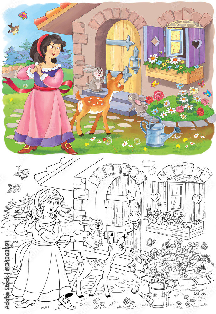 Snow White and the seven dwarfs. Fairy tale. Coloring page ...