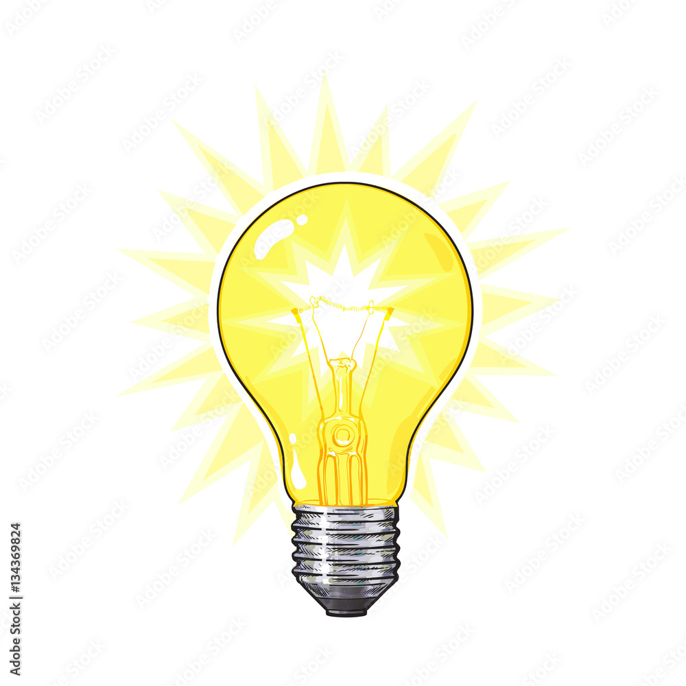 Old-fashioned glowing tungsten light bulb, side view, sketch style ...