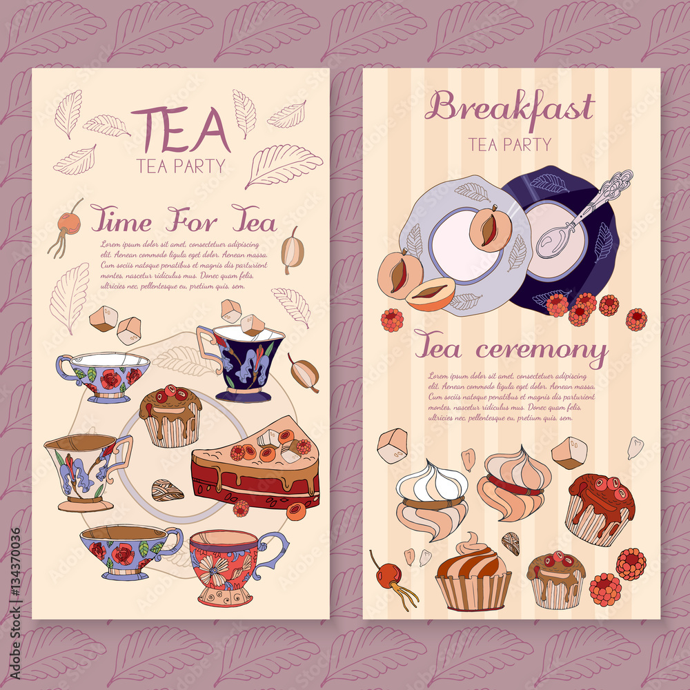 Tea menu design, package time for tea and teapot, sweet pastries Stock ...