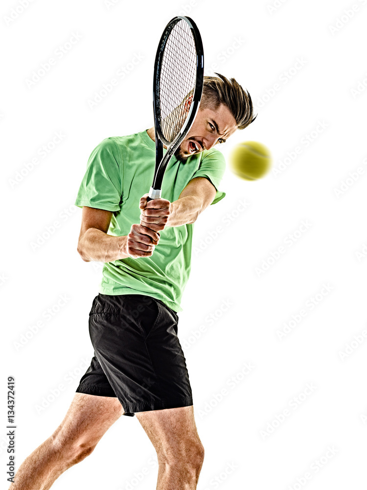 one caucasian man playing tennis player isolated on white background ...