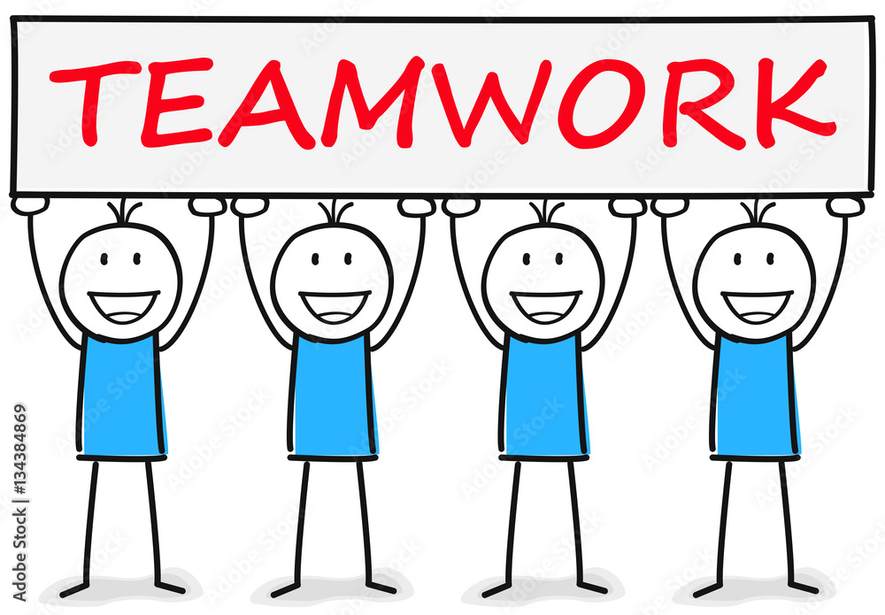 Teamwork Schild wird gehalten von Figuren die im Team arbeiten Stock ...