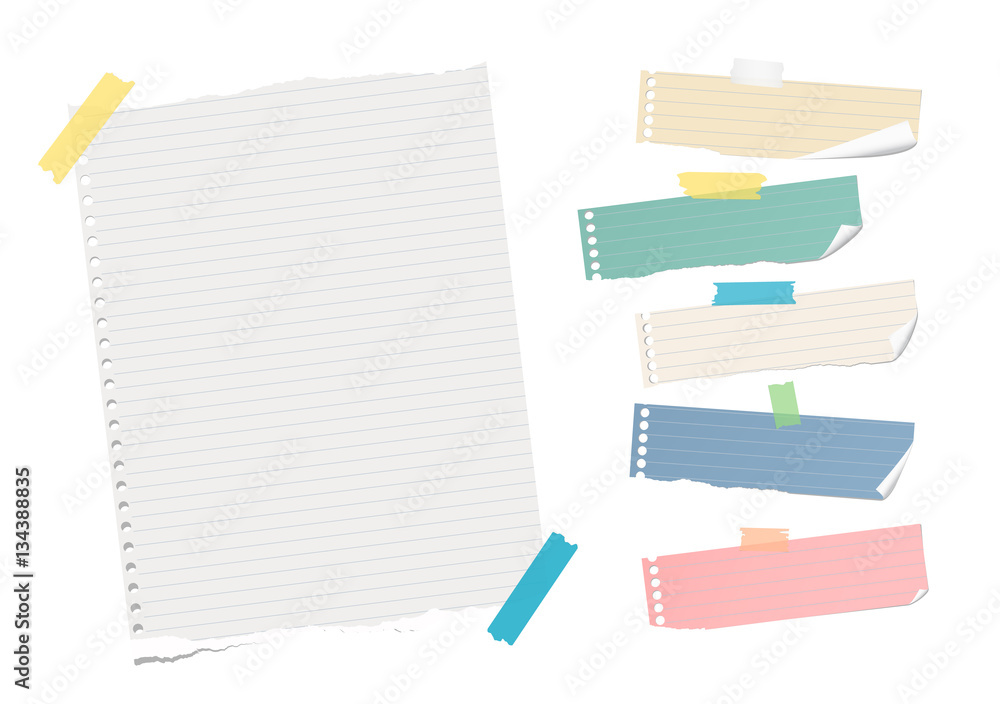 Ripped ruled colorful note, notebook, copybook paper sheet, strips ...