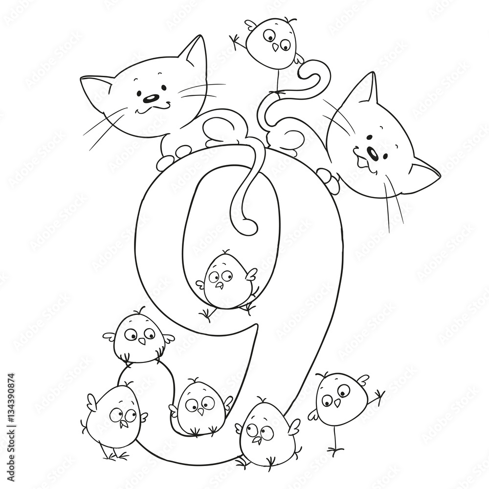 Number nine. Cute cartoon animals. Numbers and animals. Chicken and ...
