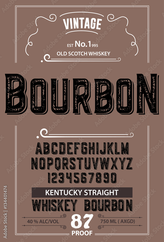 Typeface. Label. Bourbon typeface, labels and different type designs ...