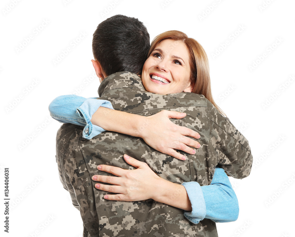 Soldier hugging his wife on white background Stock Photo | Adobe Stock