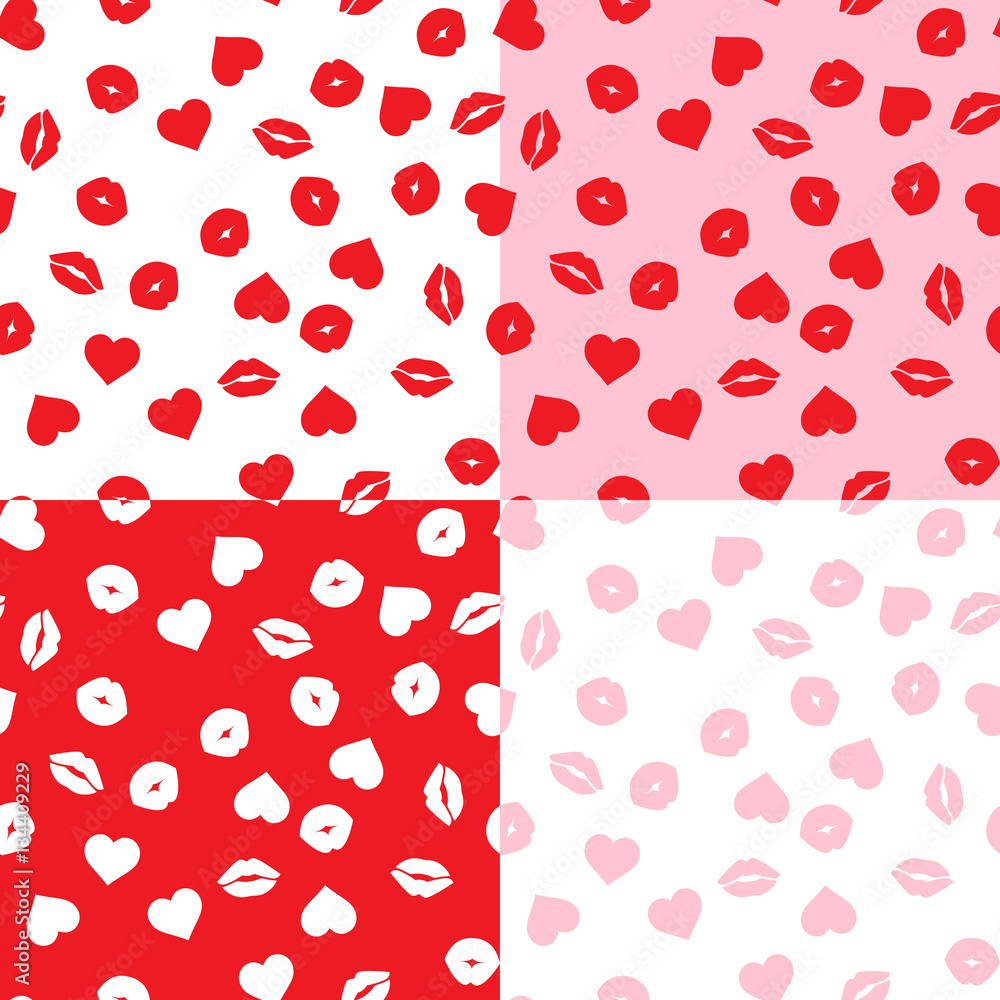 Valentine's Day Patterns with Red, White and Pink Hearts, Lips and ...