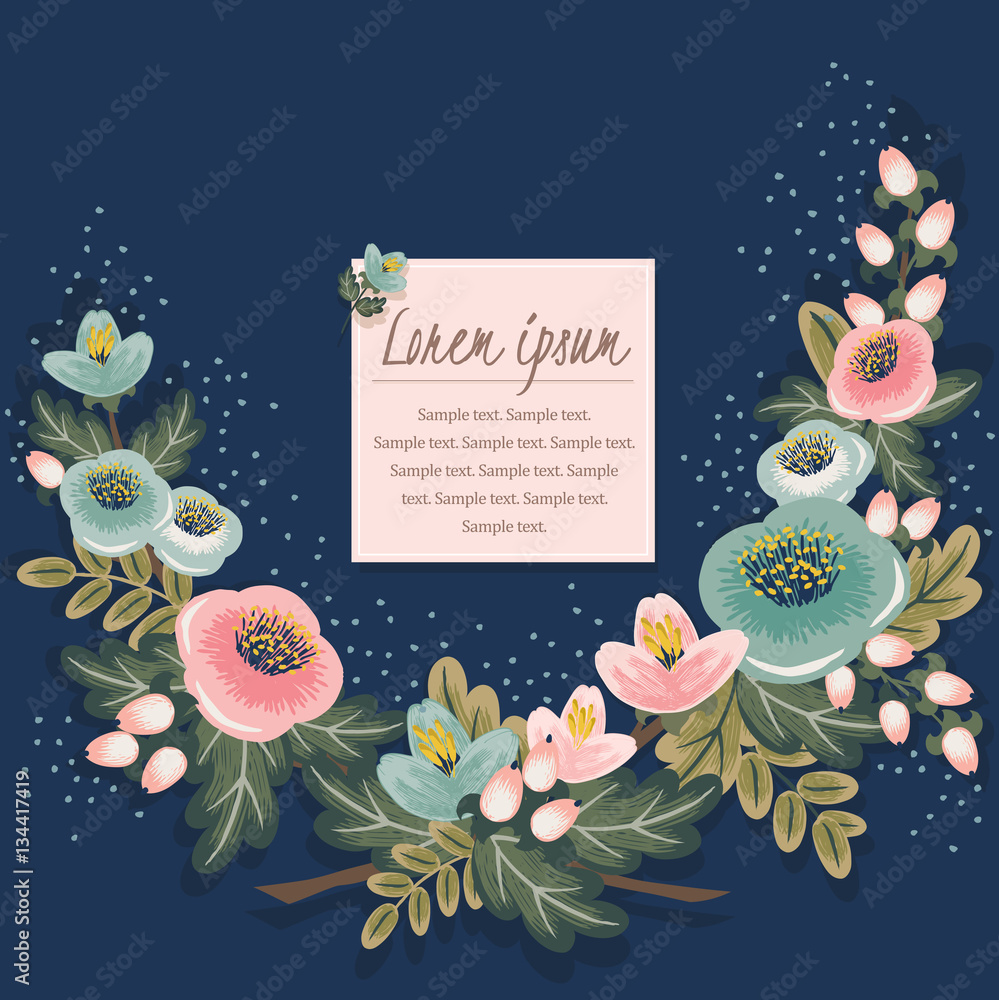 Vector illustration of a beautiful floral border with branches. Indigo ...