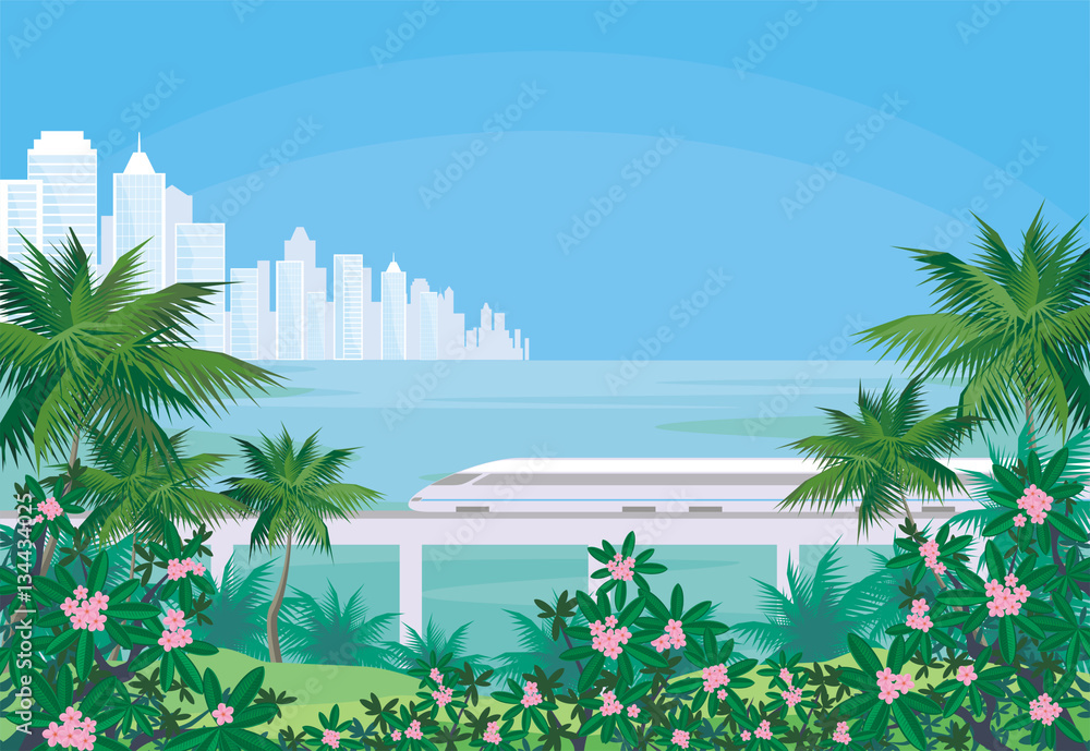 Abstract image of the southern seaside city. A city landscape with high ...