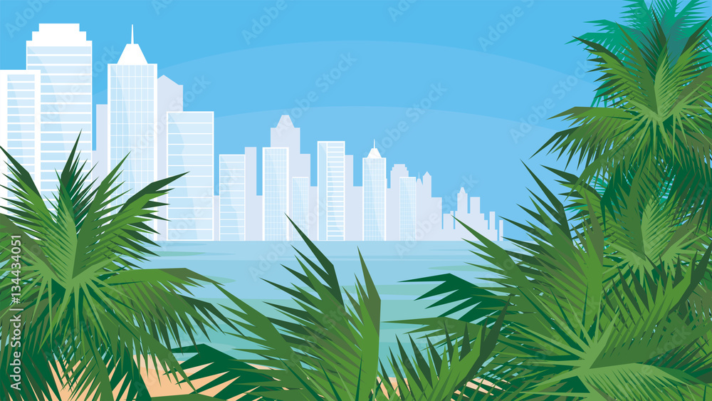 Abstract image of the southern seaside city. A city landscape with high ...